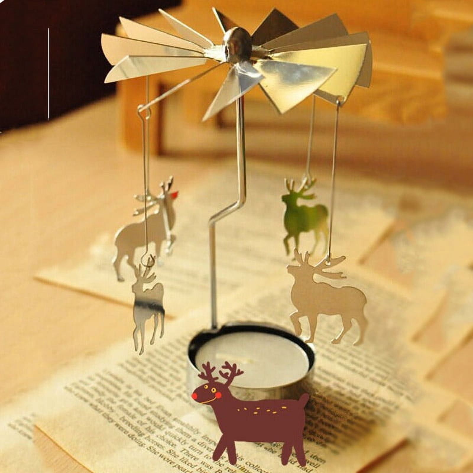 Silver Xmas Rotating Rotary Spinning Carrousel Tea Light Candle Holder ...