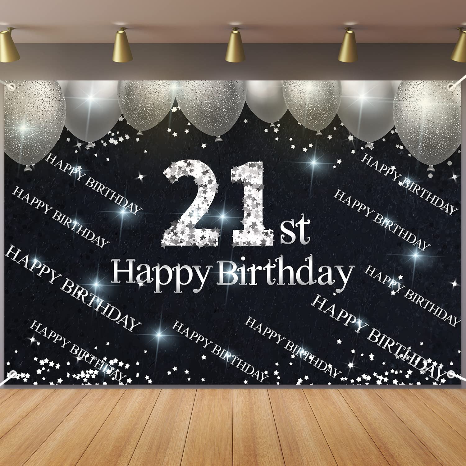 Silver and Black Happy 21st Birthday Backdrop Banner Decorations for ...