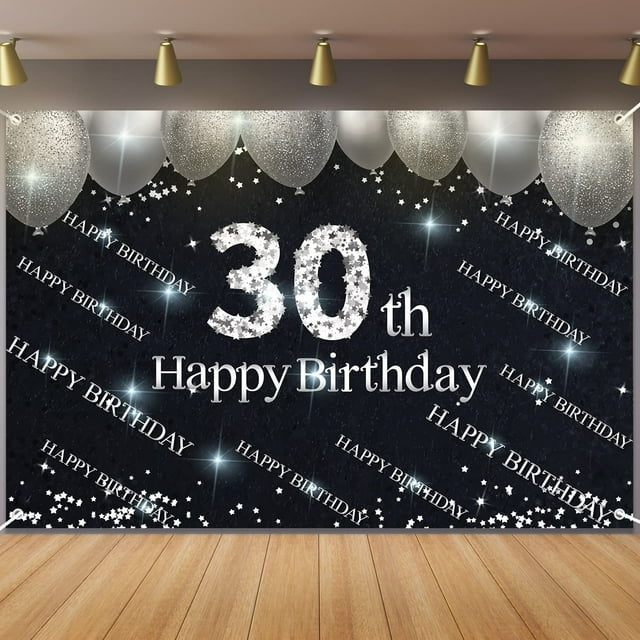 Silver and Black Happy 30th Birthday Backdrop Banner Decorations for ...