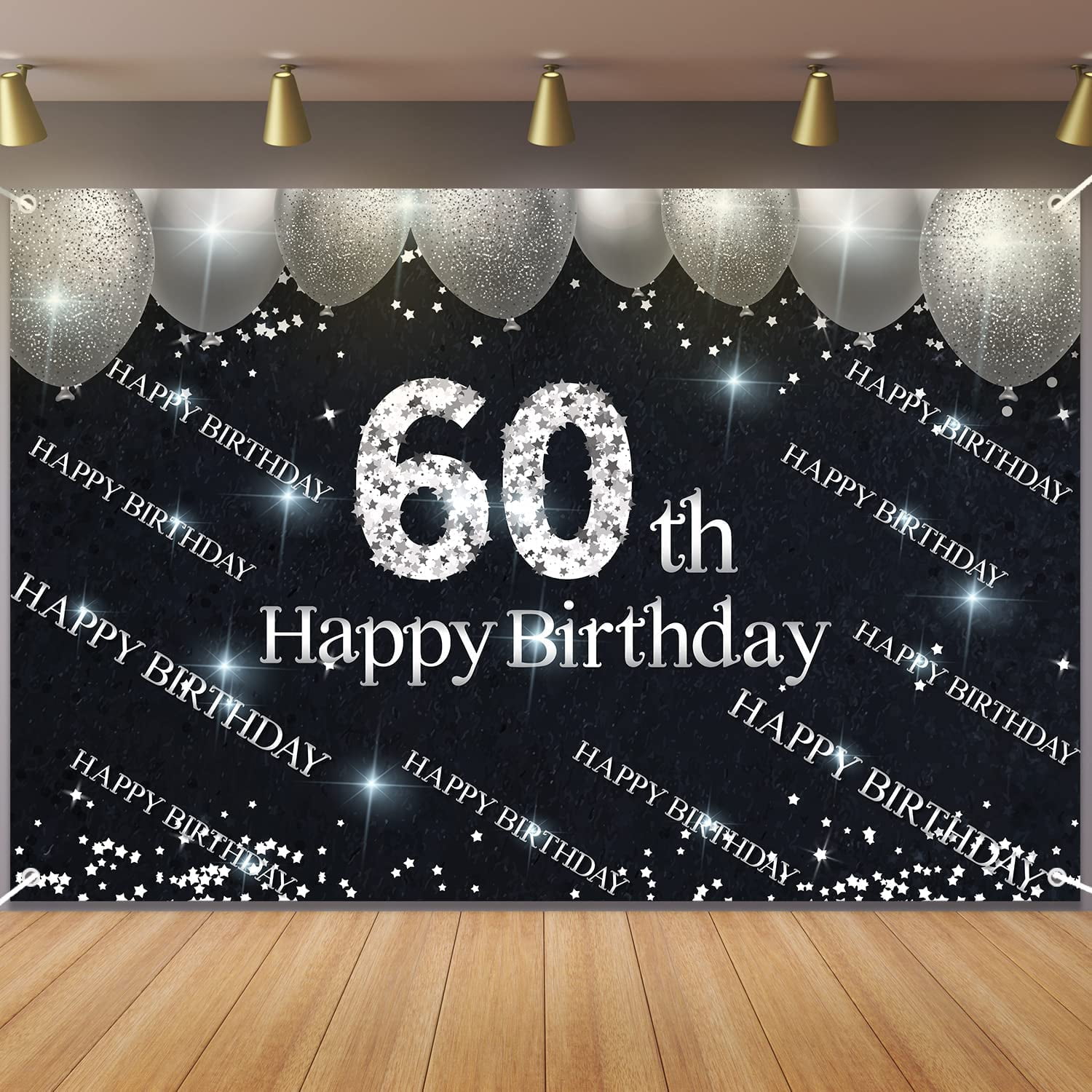Silver and Black Happy 60th Birthday Backdrop Banner Decorations for ...