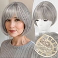 Silver gray women's short bob wig straight hair with bangs synthetic ...