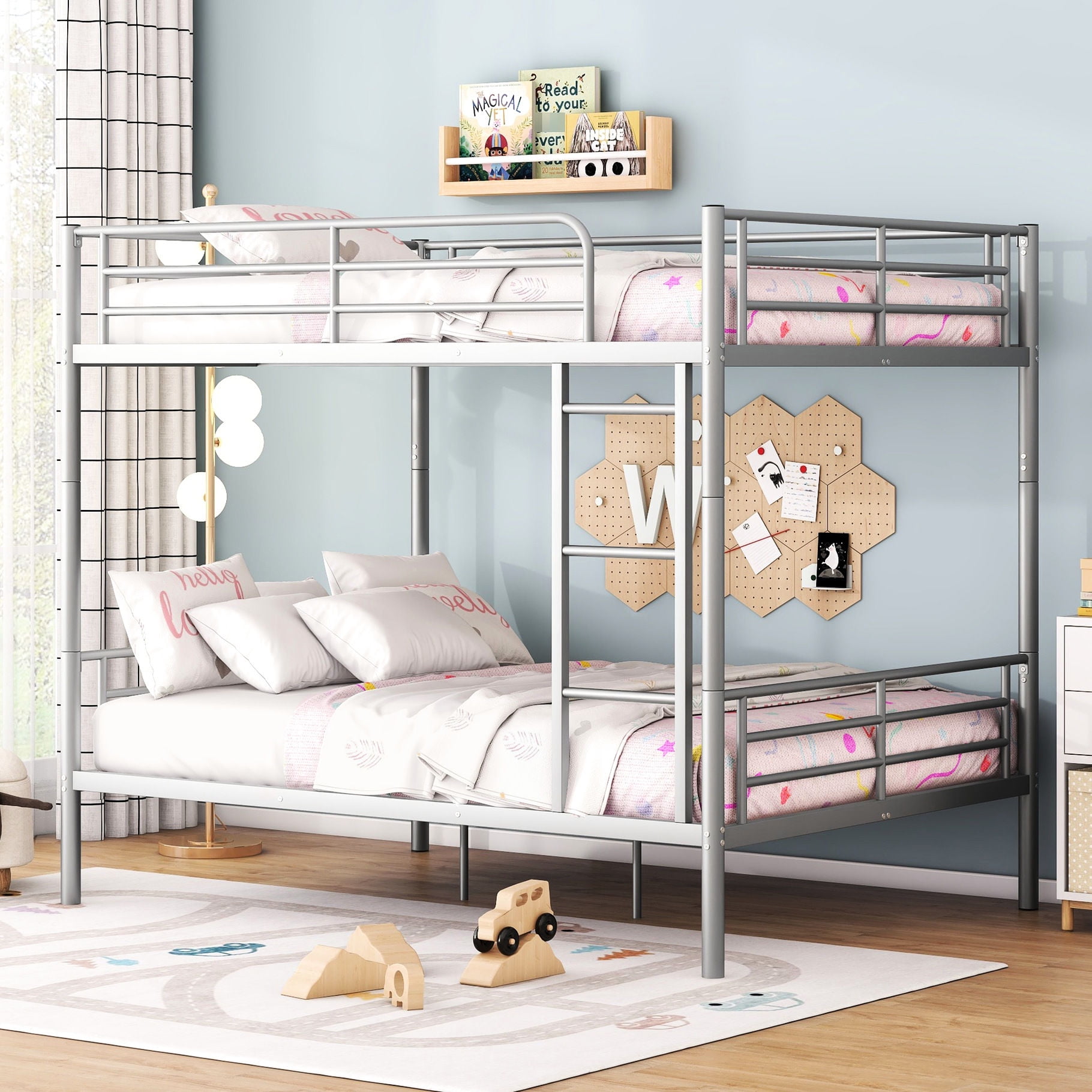 Silver iron bunk bed that can split into two for changing family needs ...