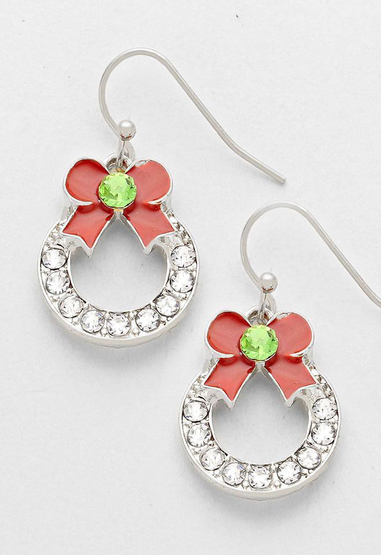 Silver pierced clear and green stone wreath w/red bow - Walmart.com