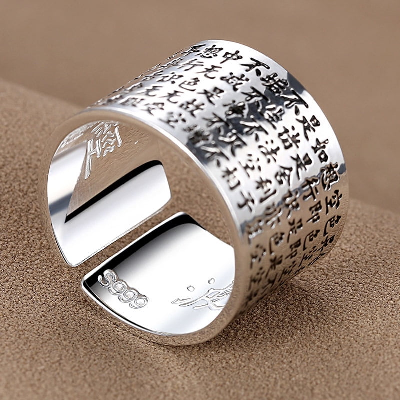 Silver ring 999 pure silver open index finger heart sutra Thai silver ...