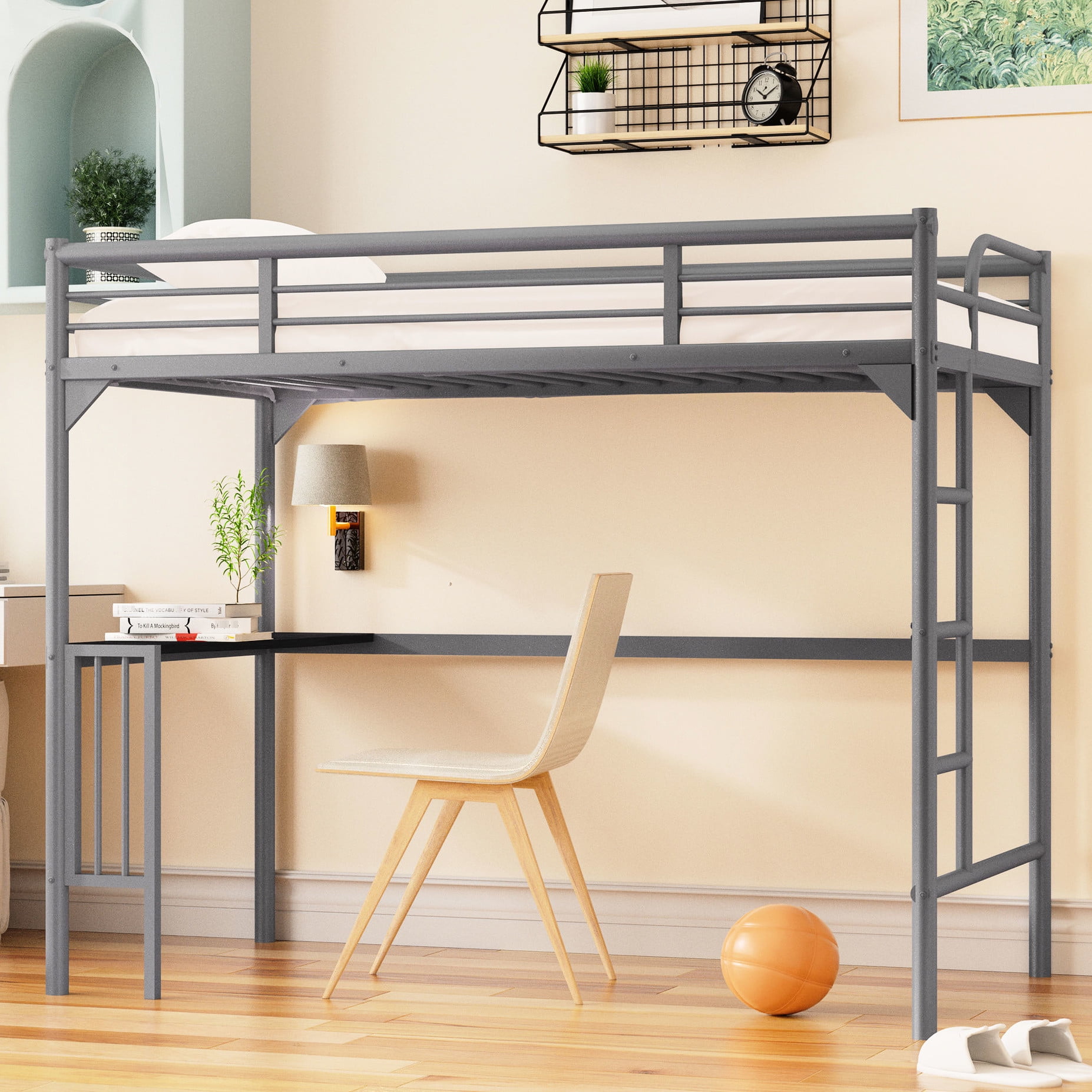 Silver twin metal loft bed with desk simple yet sturdy design for room ...