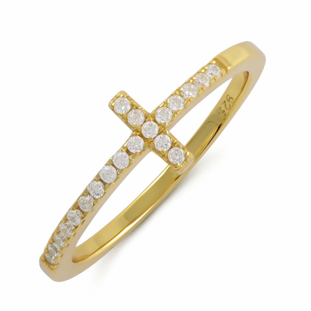 SilverCloseOut Yellow Gold Plated Silver Cz Thin Stackable Sideways Cross Ring - Size 4 ...