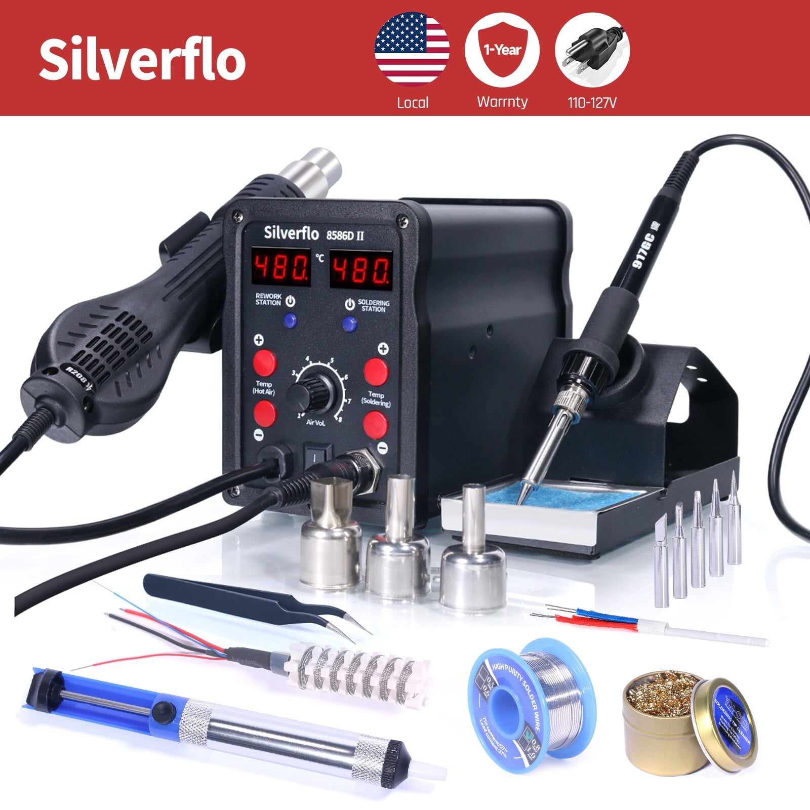 Silverflo 8586D Solder Station 2 in 1 Soldering Iron Kit Hot Air Rework ...