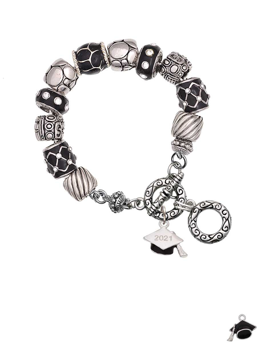 Silvertone 3-D Graduation Hat with 2021 Black Pebble Bead Charm ...