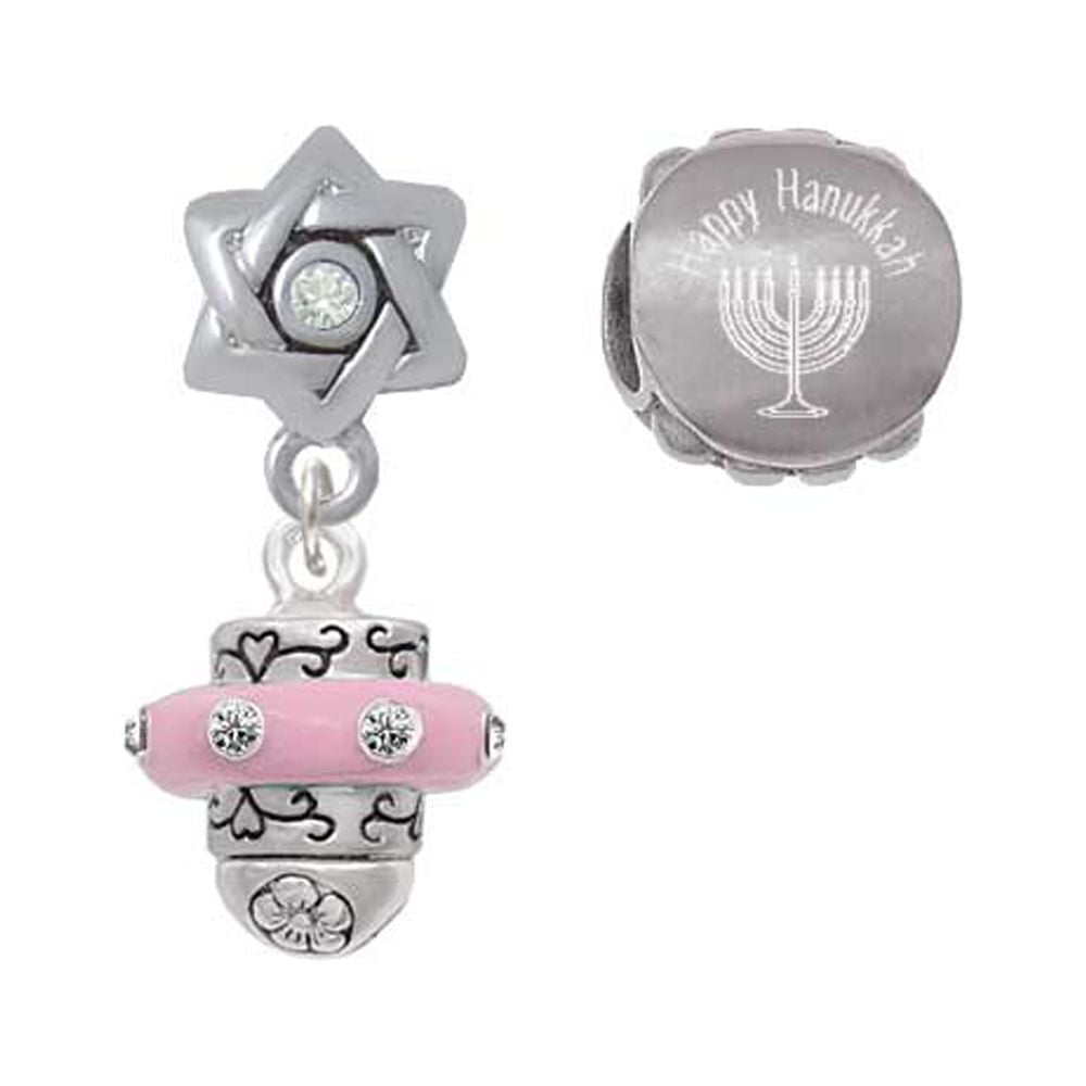 Silvertone Crystal Pink Spinner Happy Hanukkah Charm Beads (Set of 2 ...