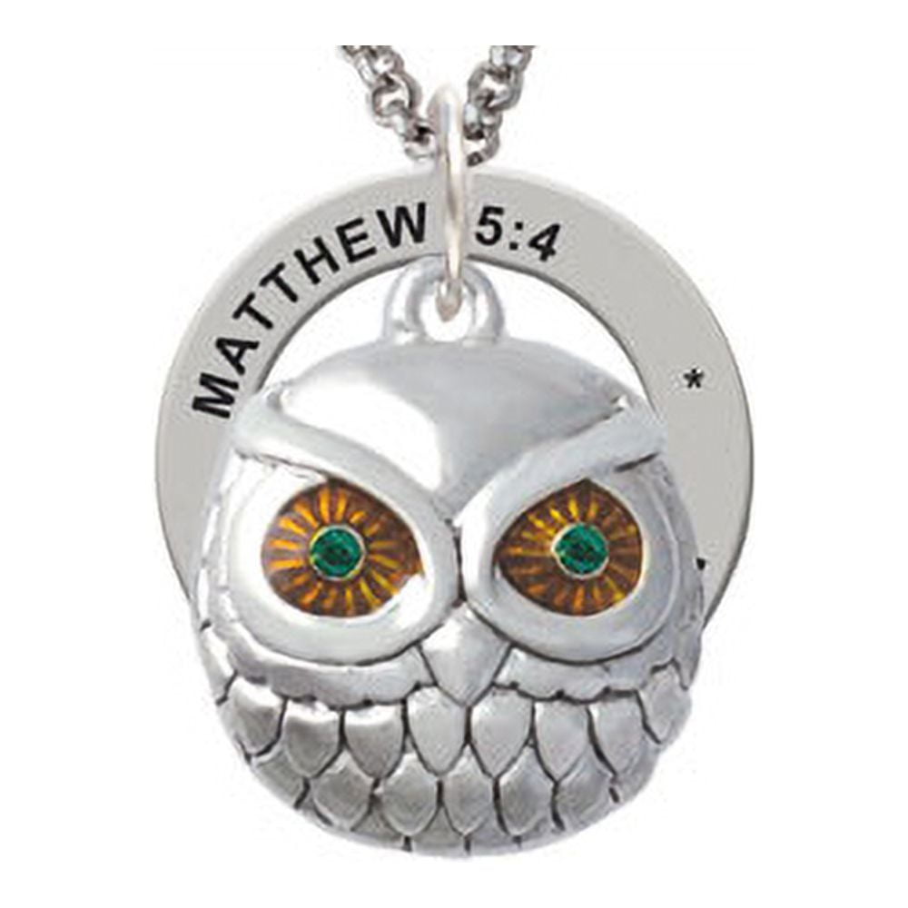 Silvertone Large Round Owl with Green Crystal Eyes Matthew 5:4 ...