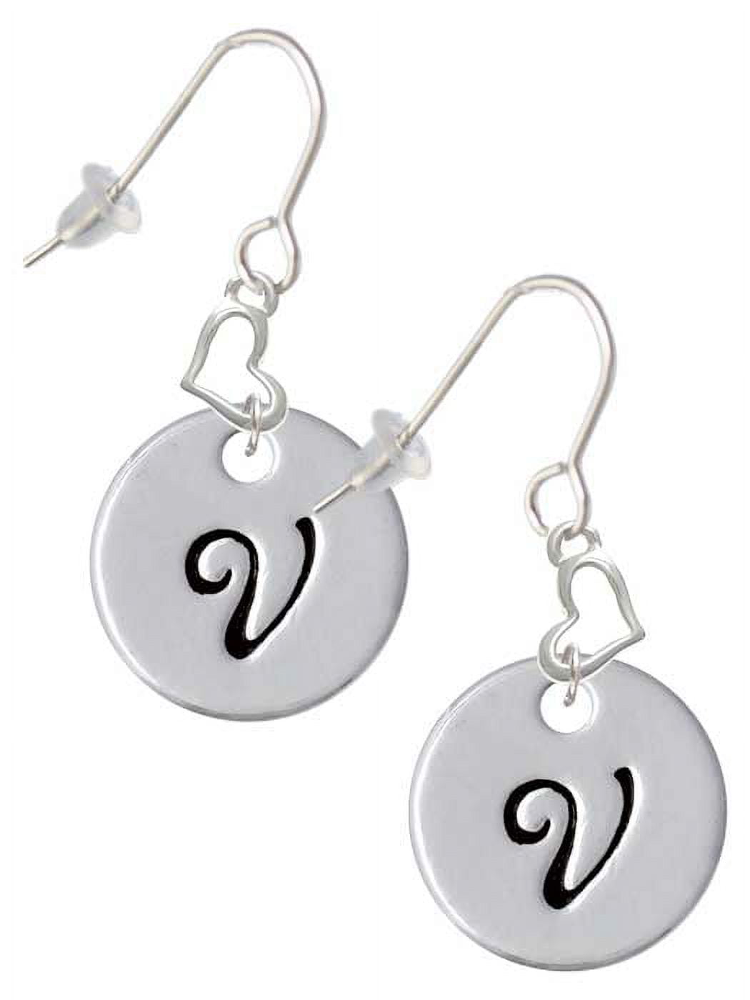 Silvertone Large Script Letter - V - 3/4'' Disc - Heart French Earrings ...