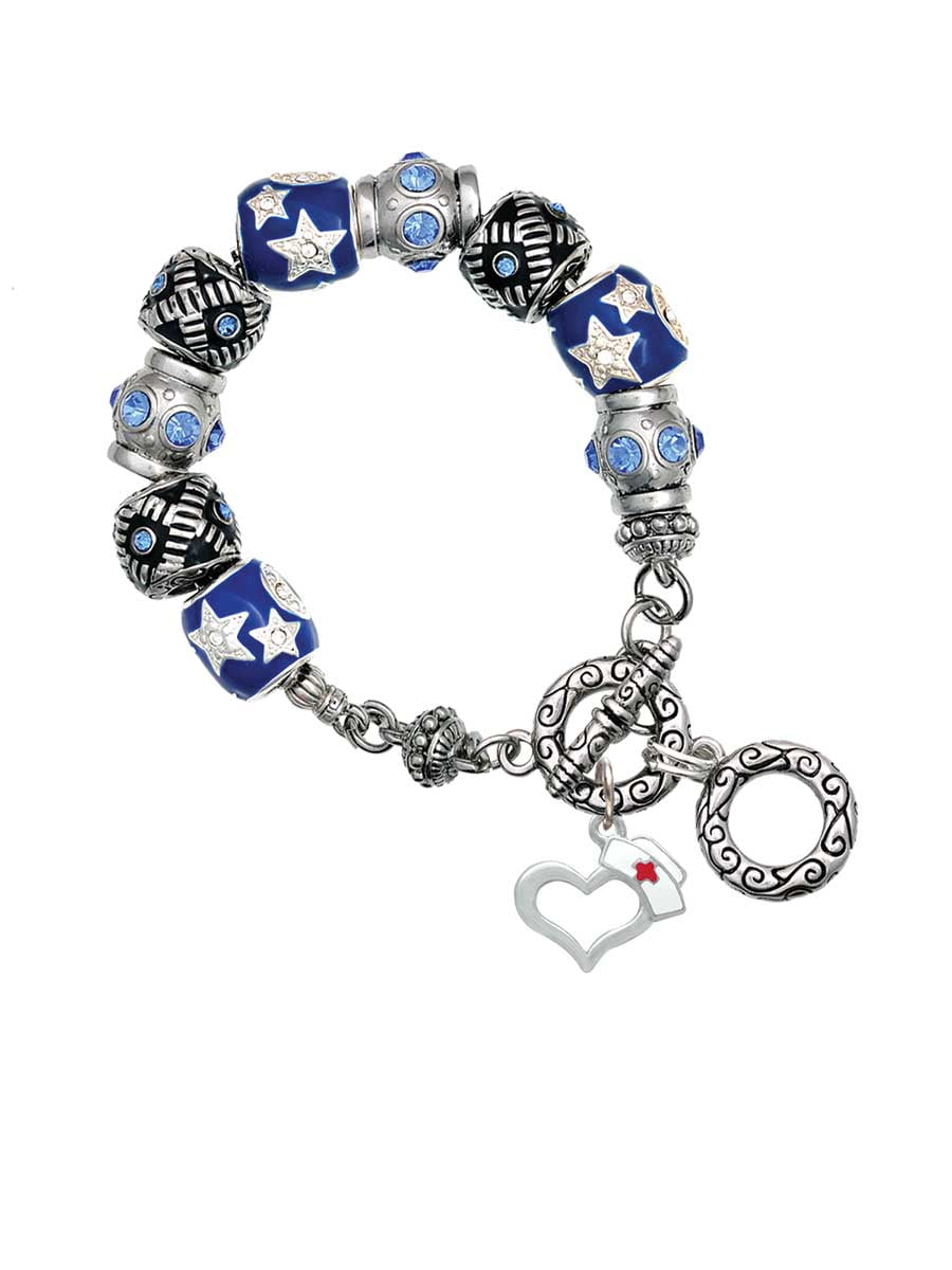 Silvertone Open Heart with Nurse Hat Blue Moon Bead Charm Bracelet ...