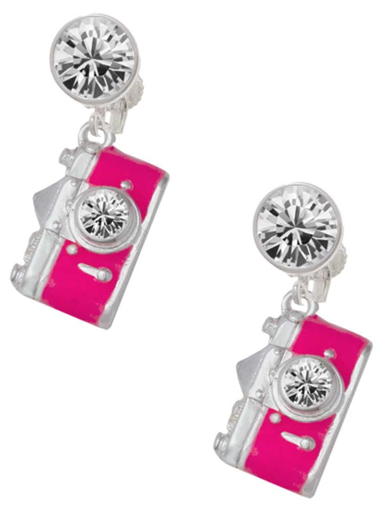 Silvertone Pink Camera Clear Crystal Clip On Earrings - Walmart.com
