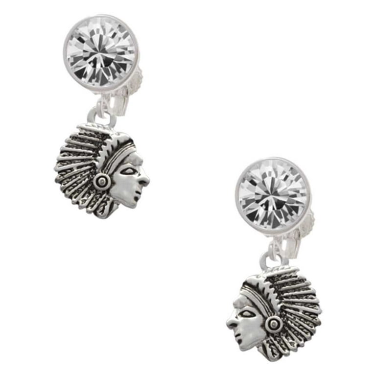 Silvertone Small Indian Mascot Clear Crystal Clip On Earrings
