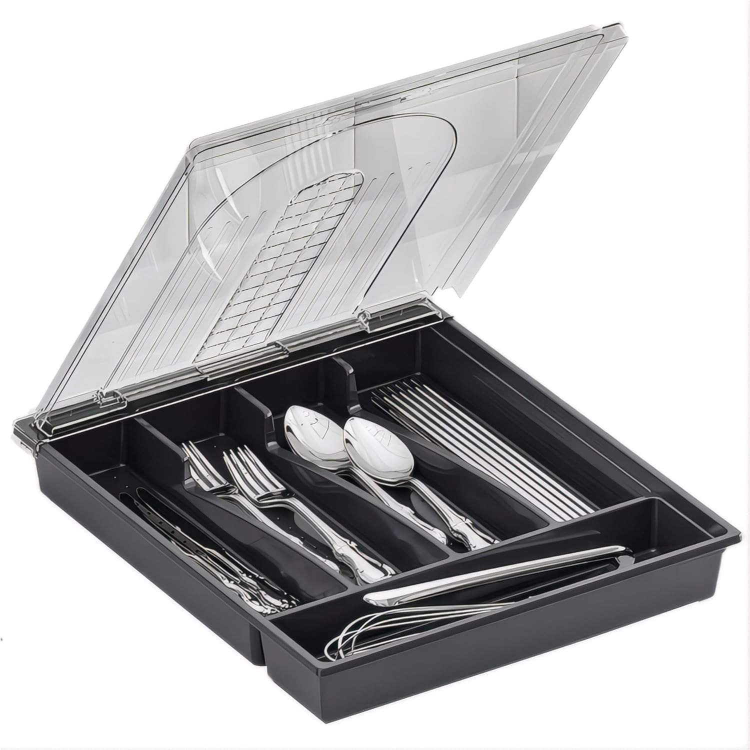 Silverware Container with Removable Lid - 5 Compartments, Plastic Tray ...