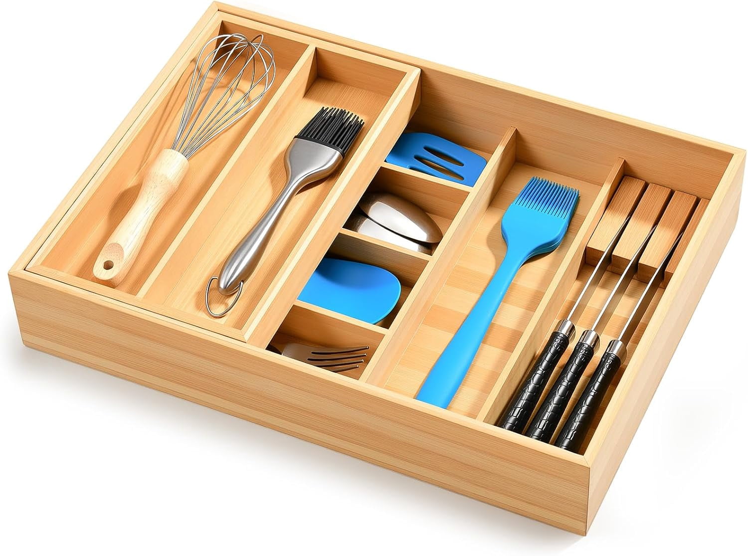 Silverware Drawer Organizer with Sliding Top Tray, Double Layer Wooden ...