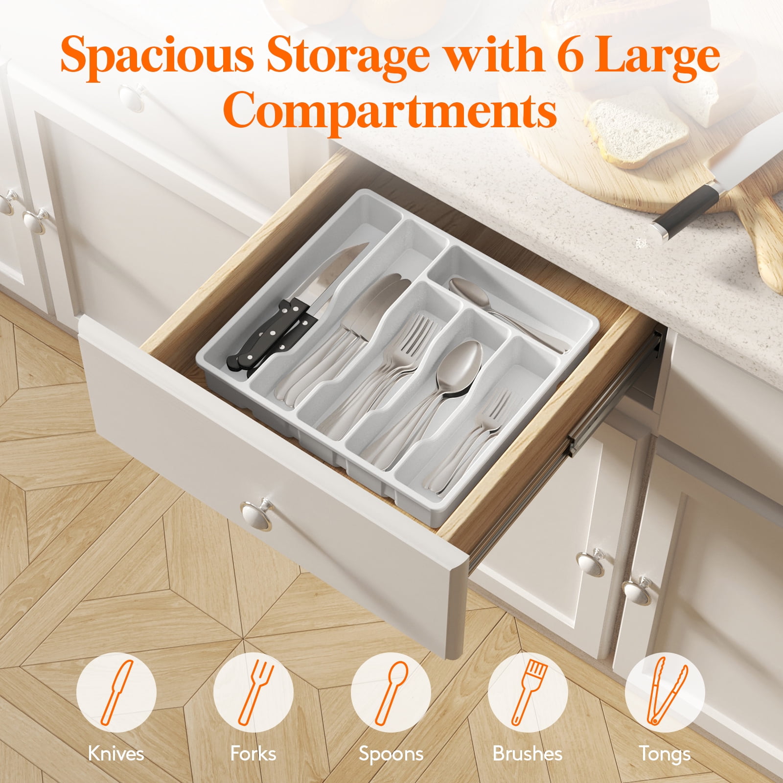 Silverware Drawer Organizer Tray, Plastic Cutlery Storage for Kitchen ...