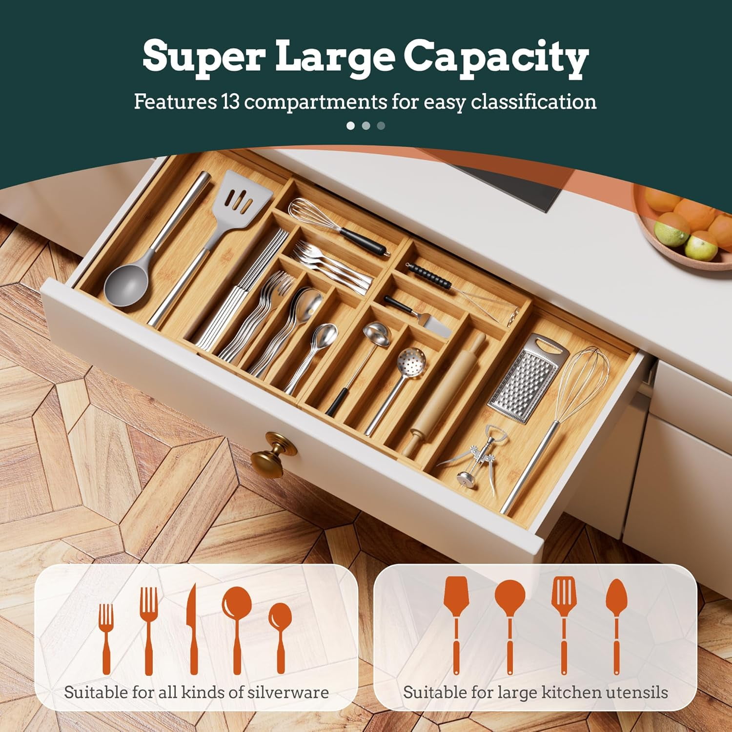 Silverware Organizer Large, Magnetic Connected Expandable 13 Slots ...