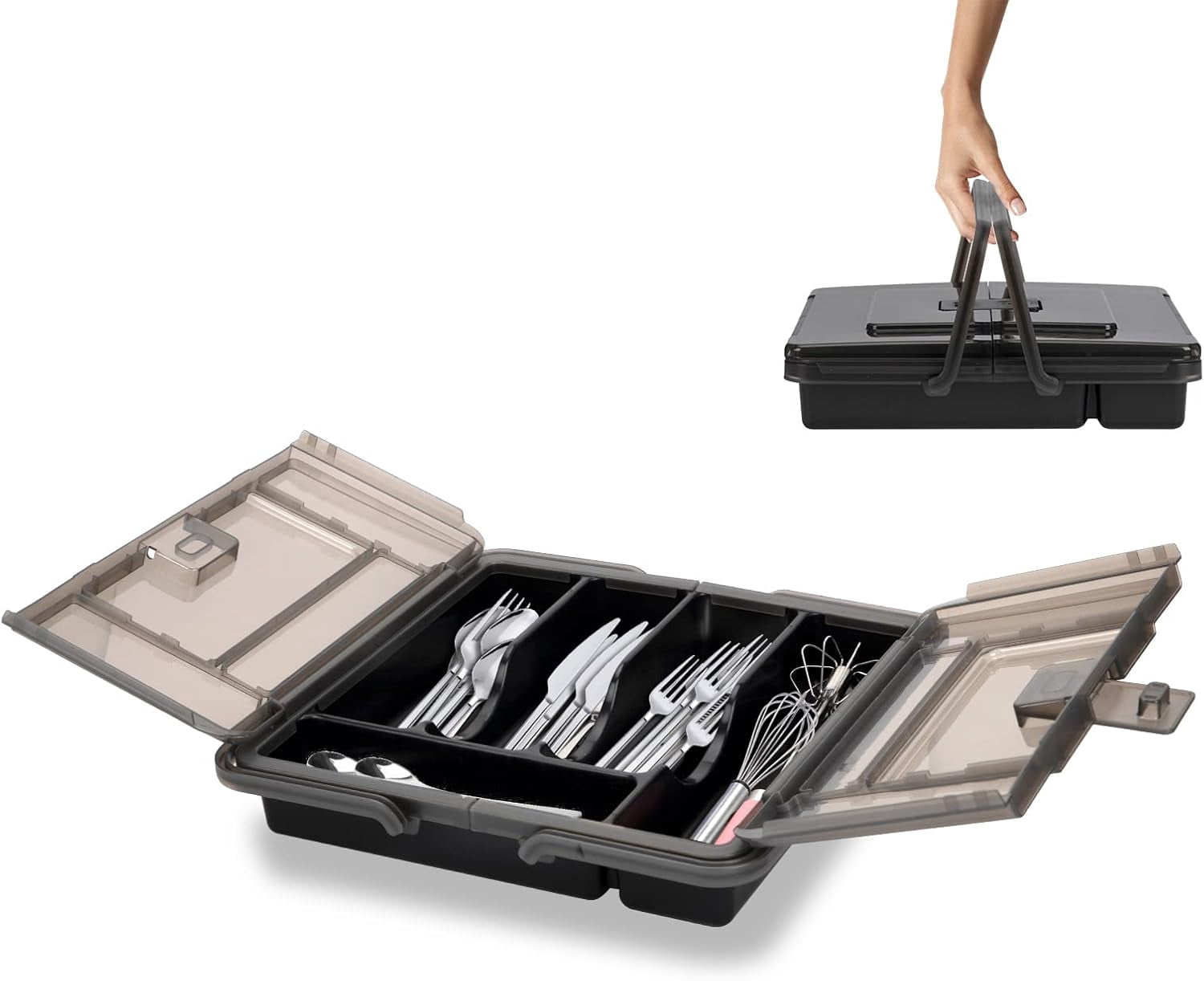 Silverware Organizer with Lid for Drawer, Plastic Utensil Holder for ...