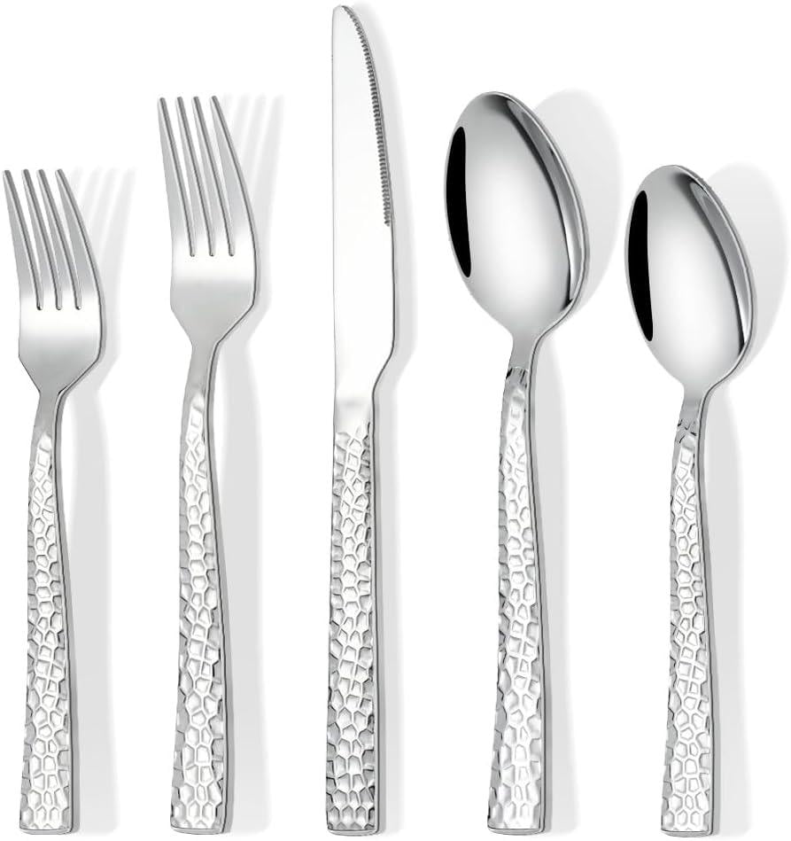 Silverware Set for 12, Amafox 60-Piece Stainless Steel Hammered ...