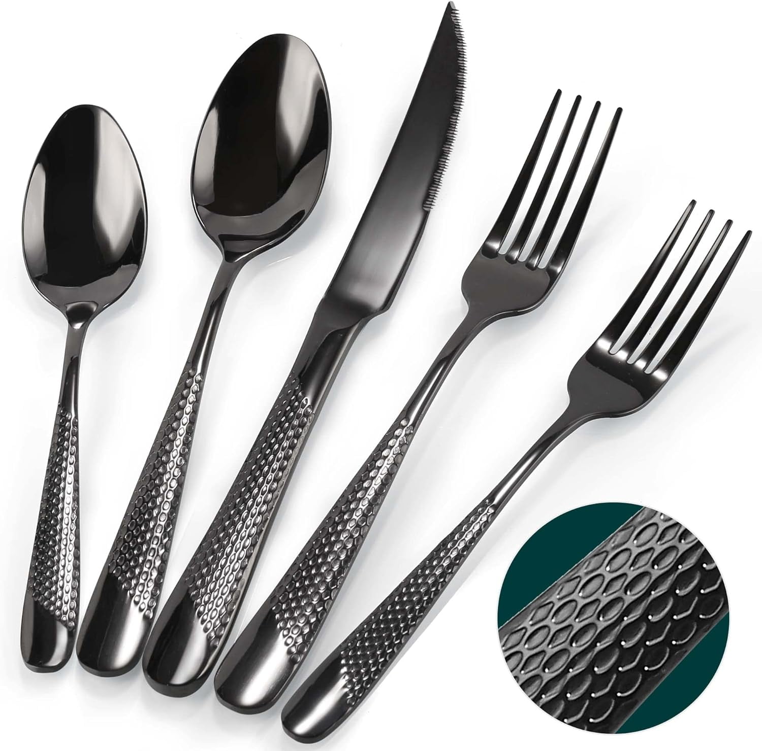 Silverware Set, 30 Pieces Black Hammered Flatware Set for 6, Mirror Polished Stainless Steel ...