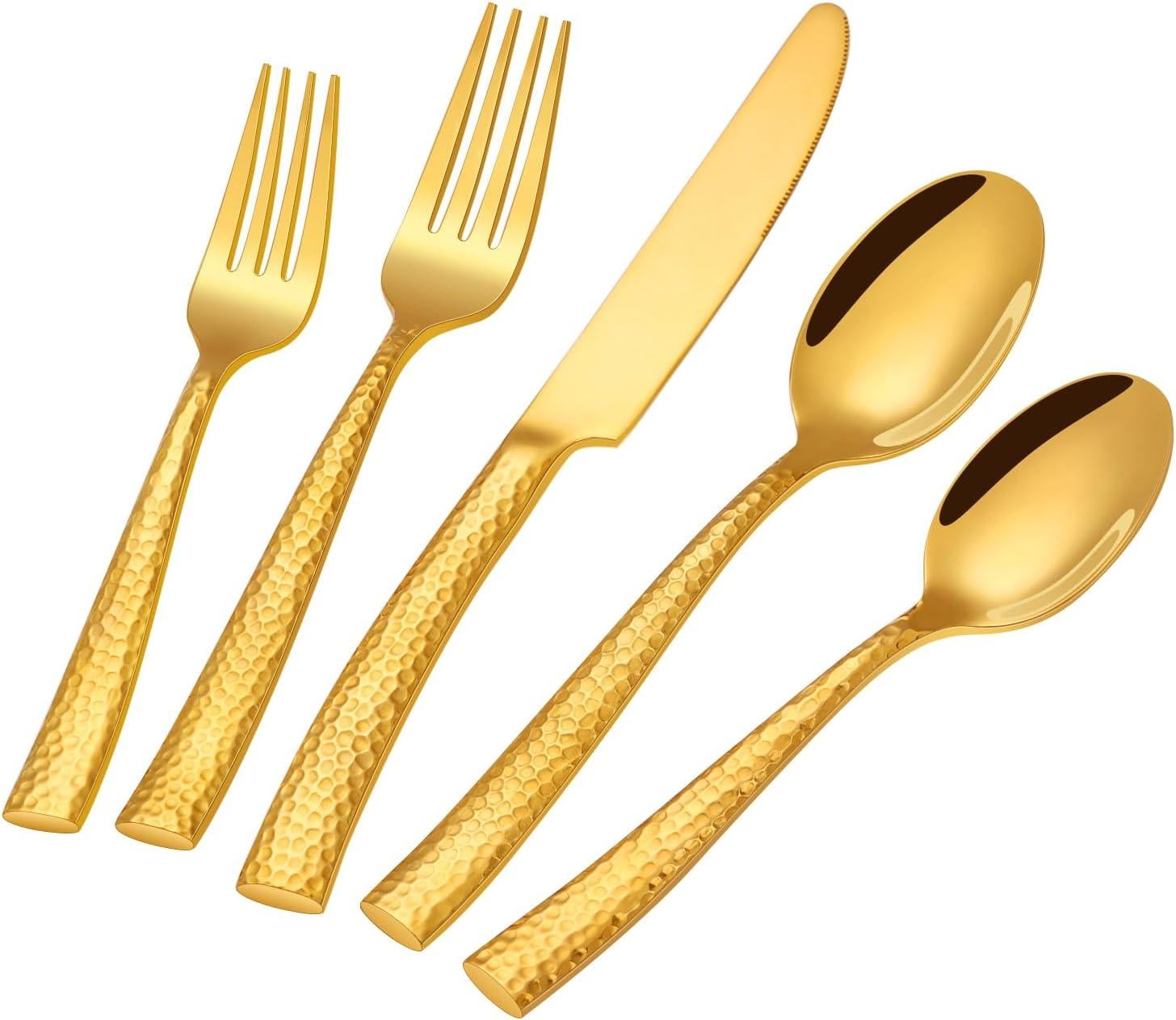 Silverware Set,Ollex 40-Piece Hammered Gold Flatware Cutlery Set for 8 ...
