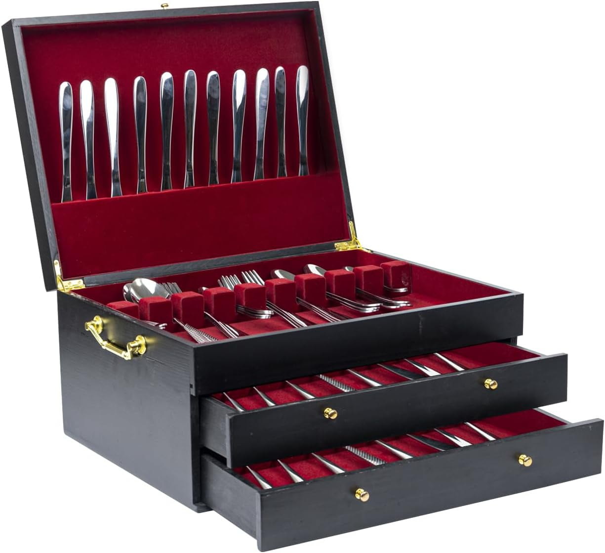 Silverware Storage Box,3 Layers Wooden Silverware Chest Case with ...