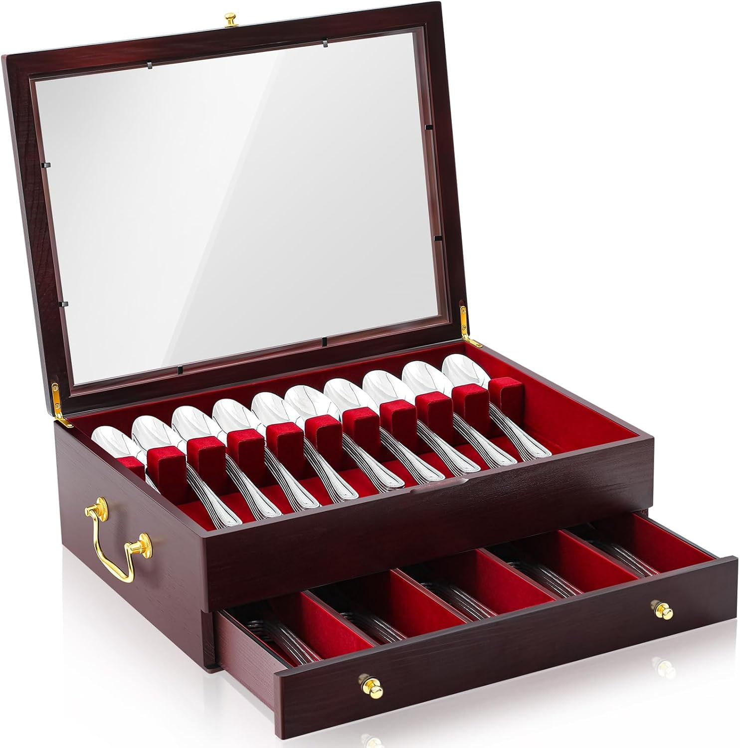 Silverware Storage Box with Lid, Wooden Flatware Case with Handle and ...