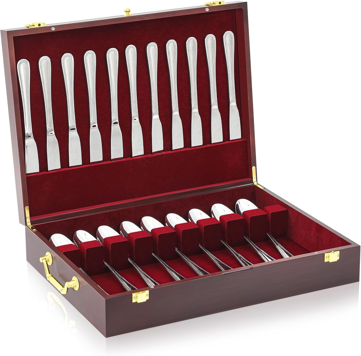 Silverware Storage Box with Lid, Wooden Flatware Case with Handle and ...