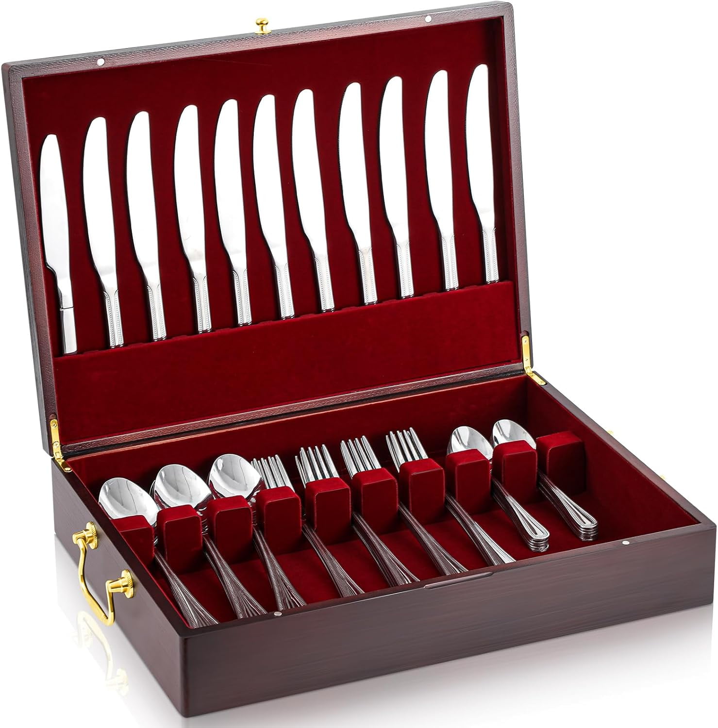 Silverware Storage Box with Lid, Wooden Silverware Case with Handle and ...