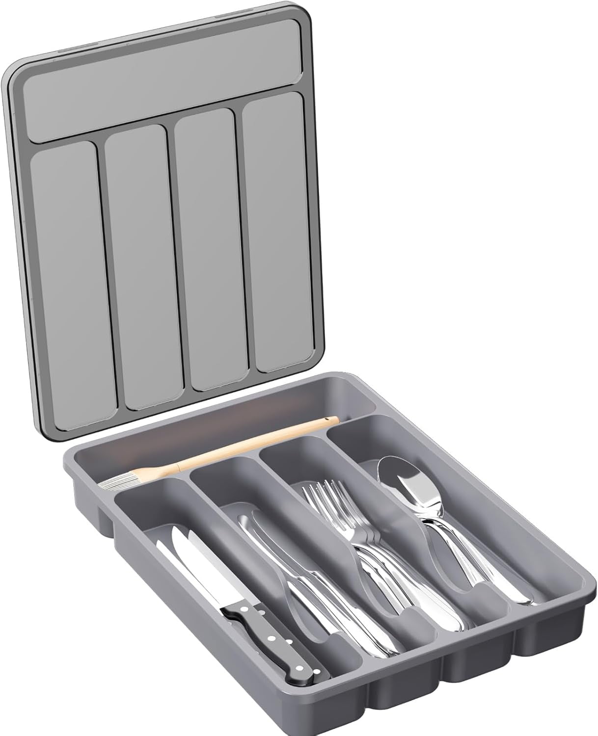 Silverware organizer with lid, utensil tray for kitchen drawers and ...