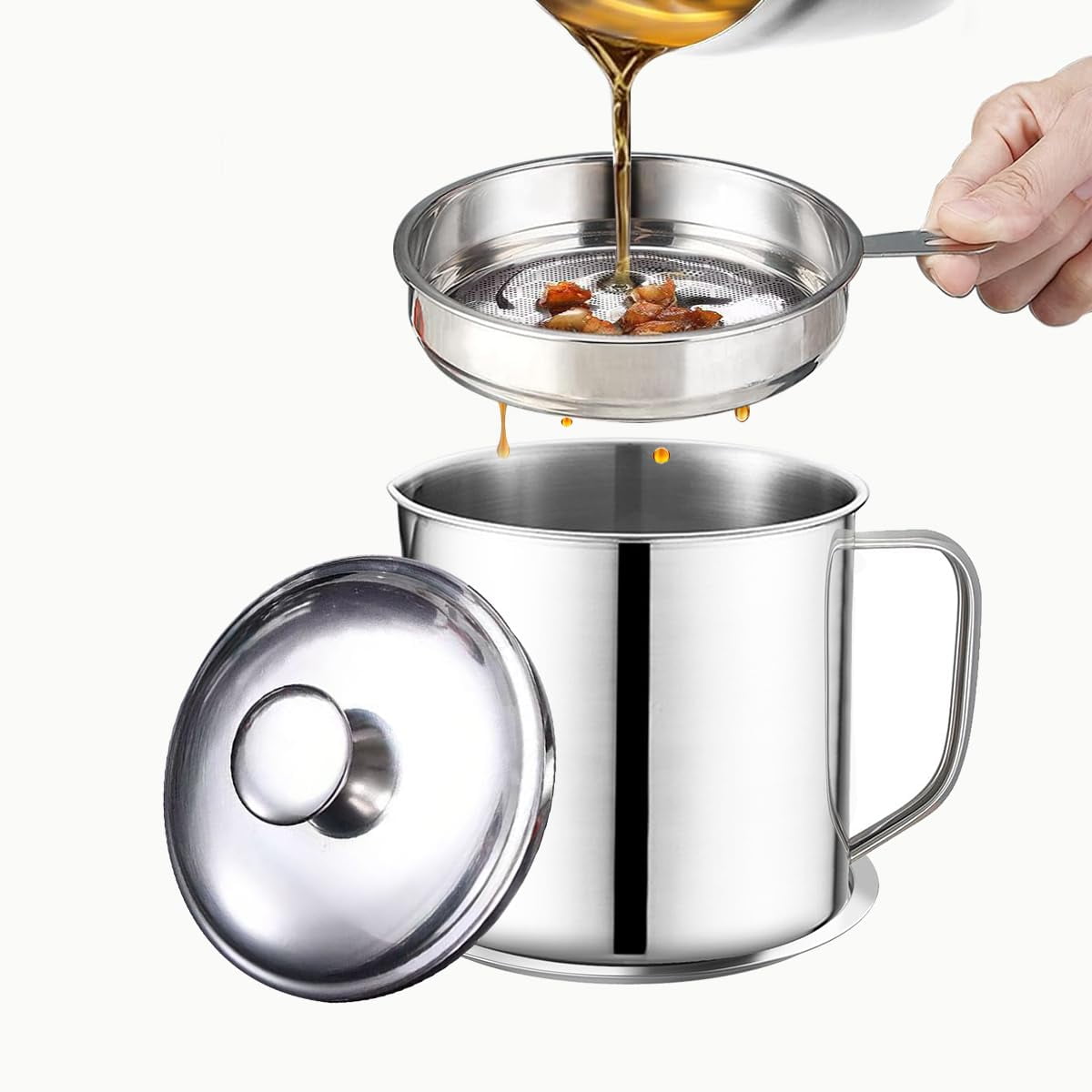 Silvery 44 oz Bacon Grease Container with Strainer - Fat Separator ...