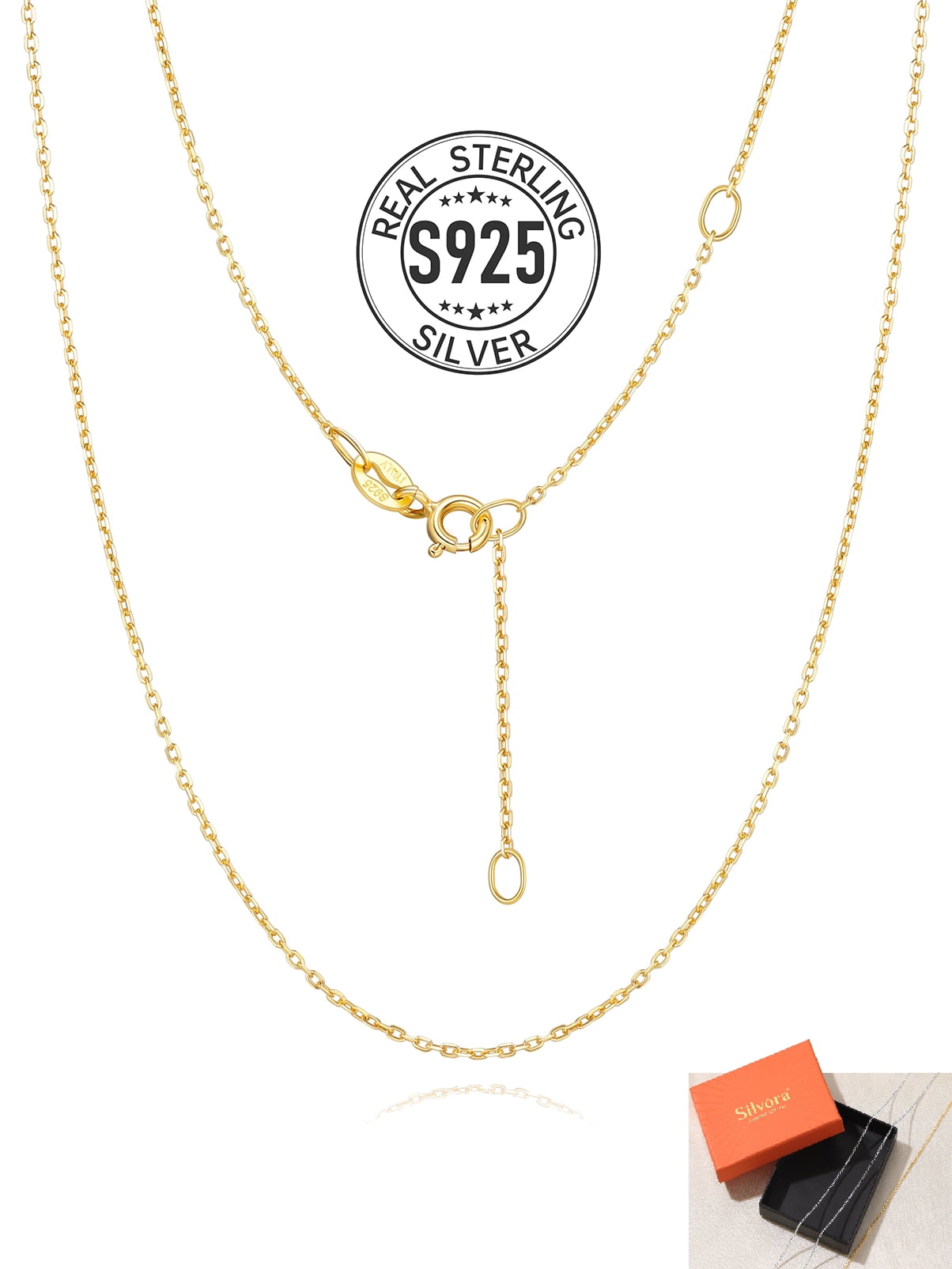 Silvora 1.1mm Gold Plated Chain Necklace for Women 925 Sterling Silver ...