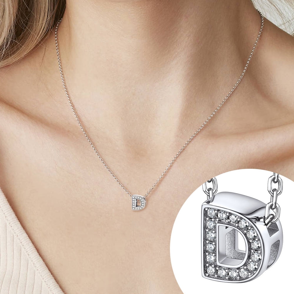Silvora Initial D Pendant Necklace, Sterling Silver, Cubic Zirconia ...