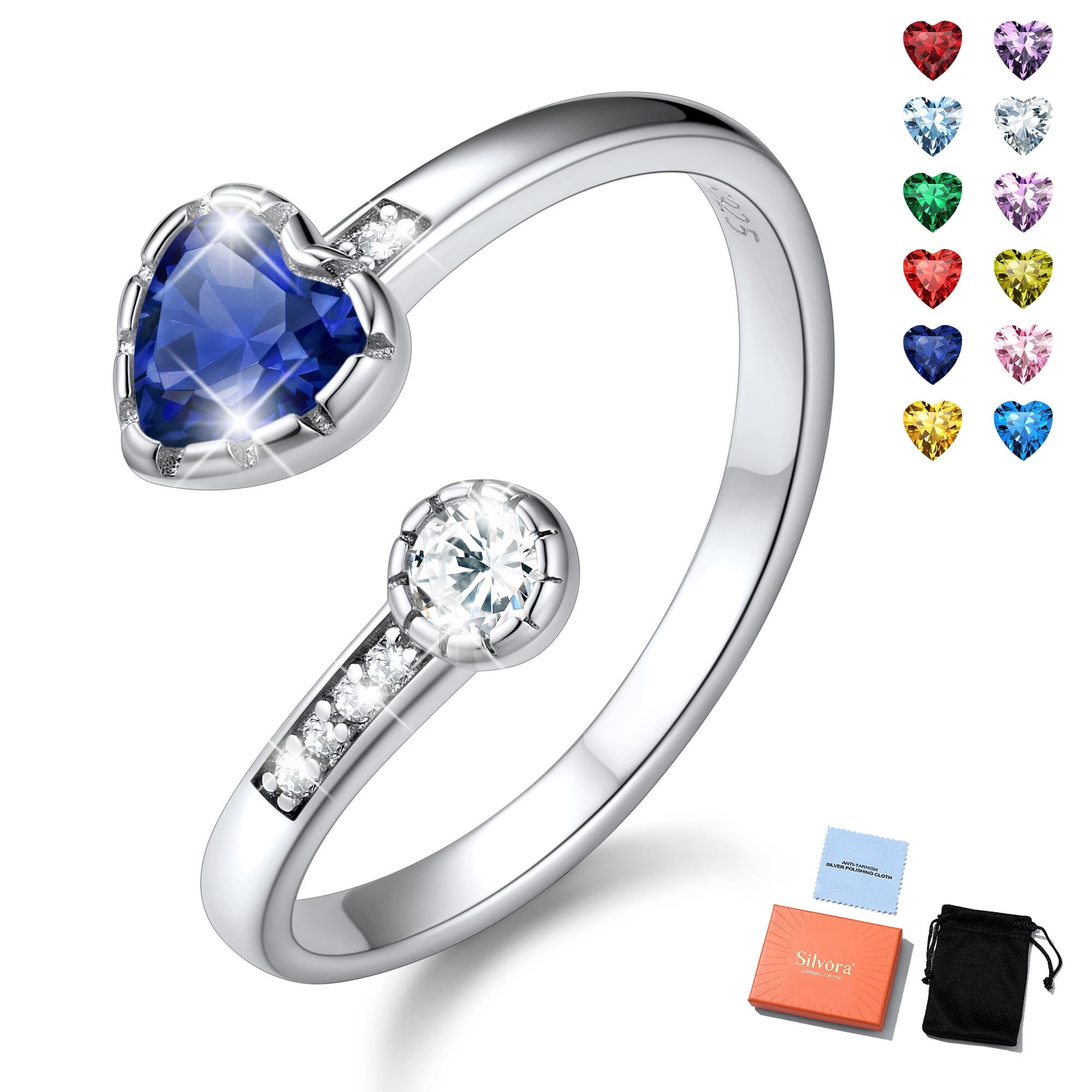 Silvora 925 Sterling Silver Birthstone Ring for Women Open Heart ...