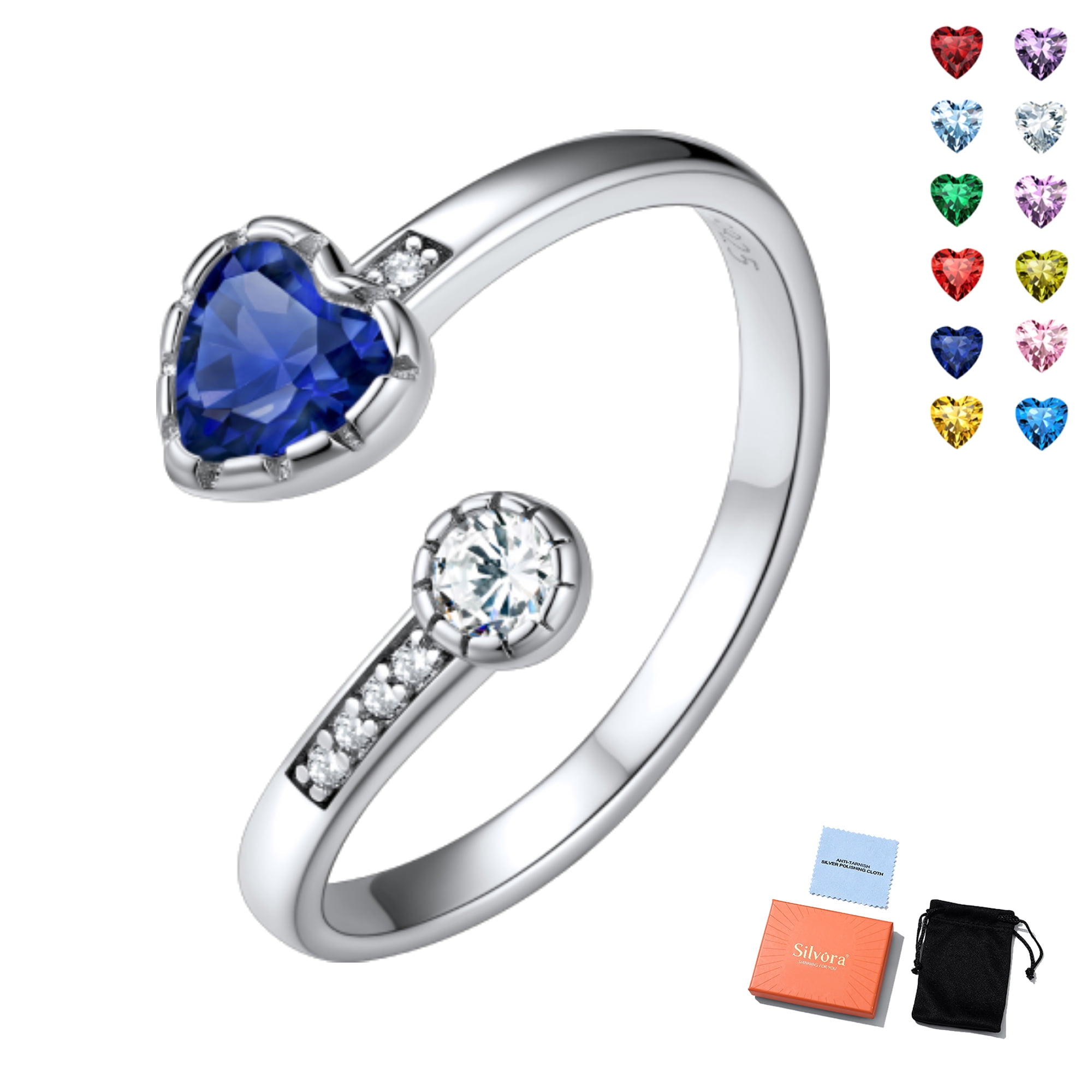 Silvora Silver Birthstone Rings for Women Adjustable Open Ring with ...