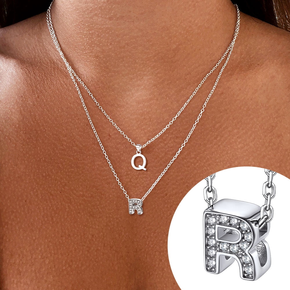 Silvora Initial Letter R Pendant Necklace for Women, Cubic Zirconia ...