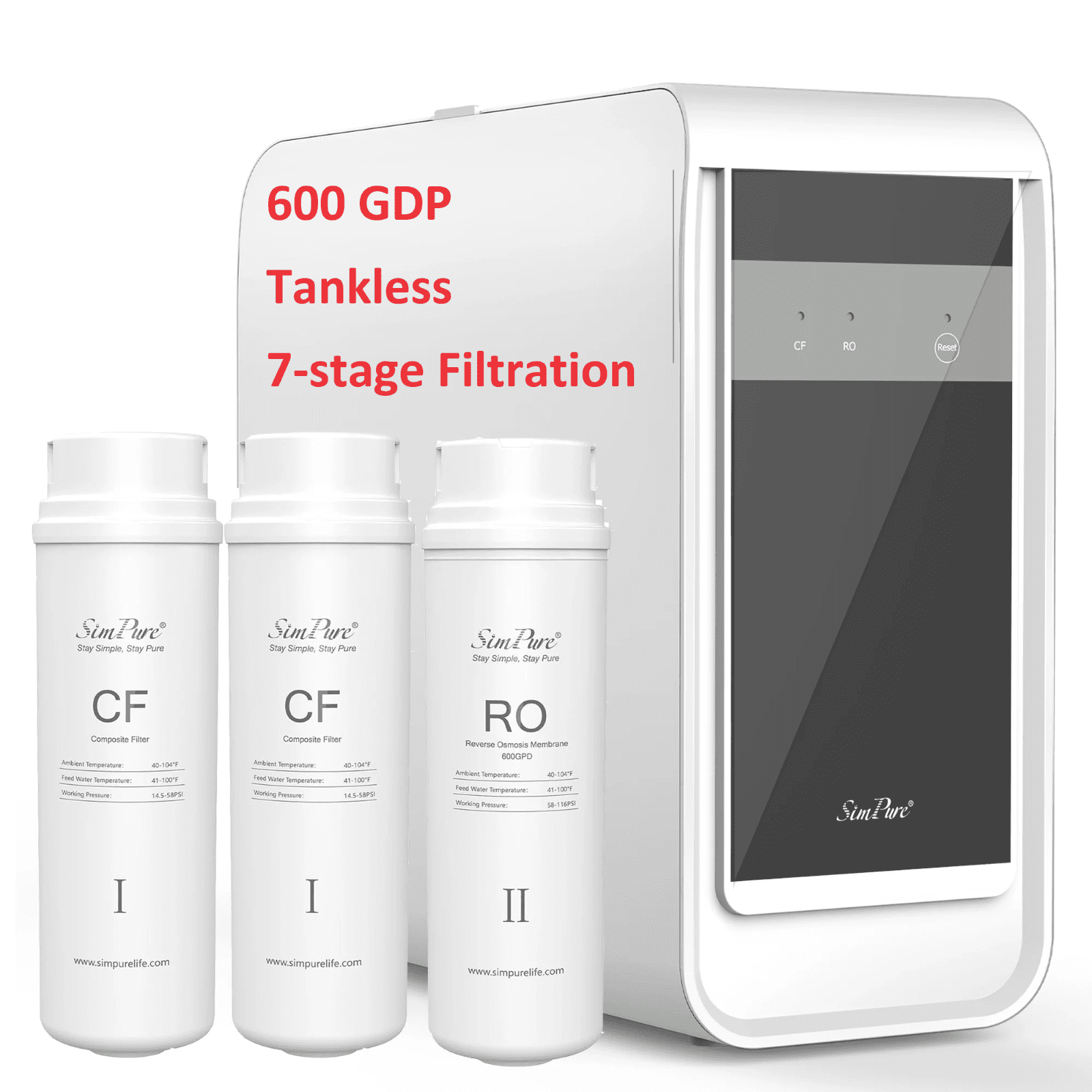 600 GPD Tankless Water Filter System, SimPure Under Sink Reverse Osmosis System with 1 Year ...