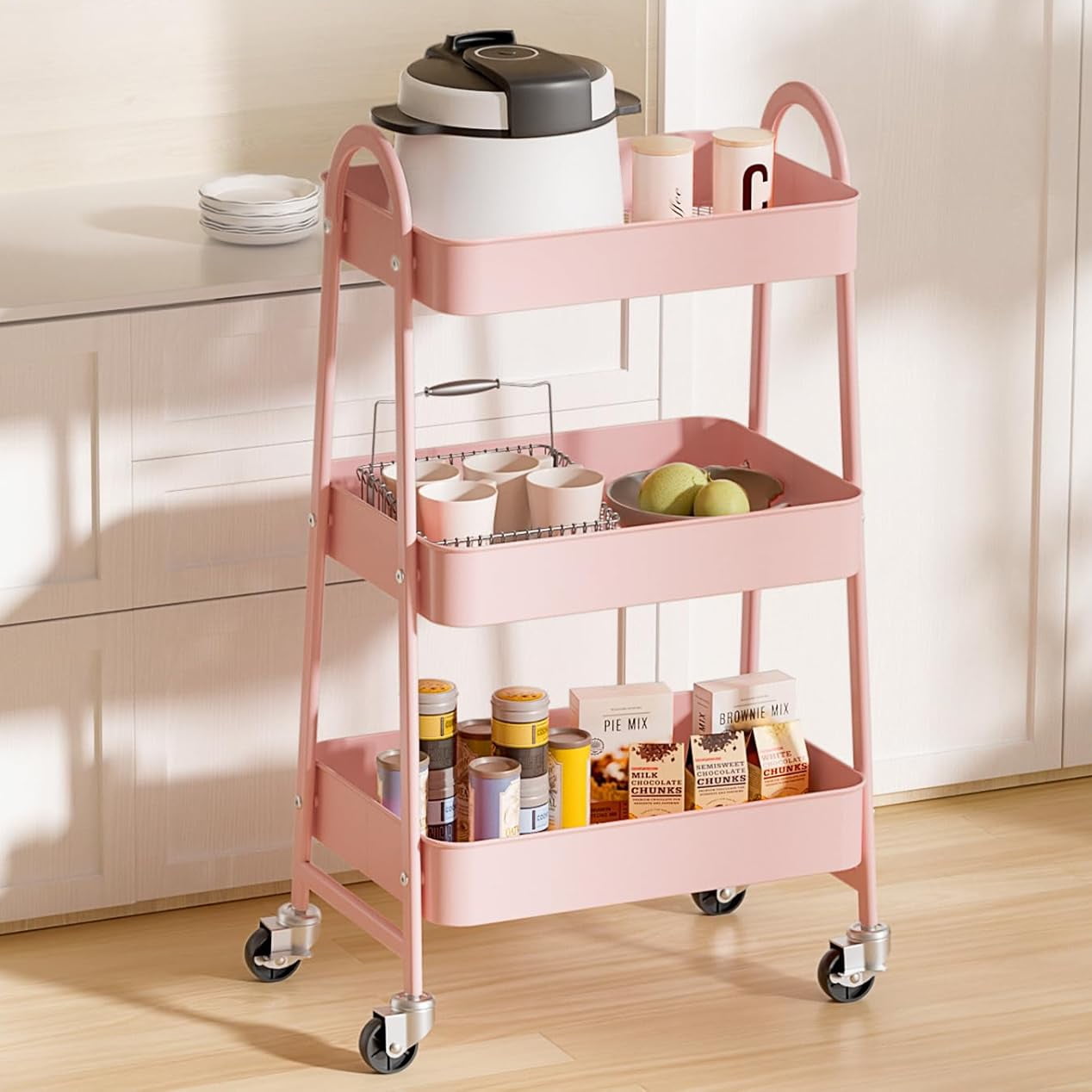 Simenmax Rolling Utility Cart, 3-Tier Metal Storage Trolley with Handle ...