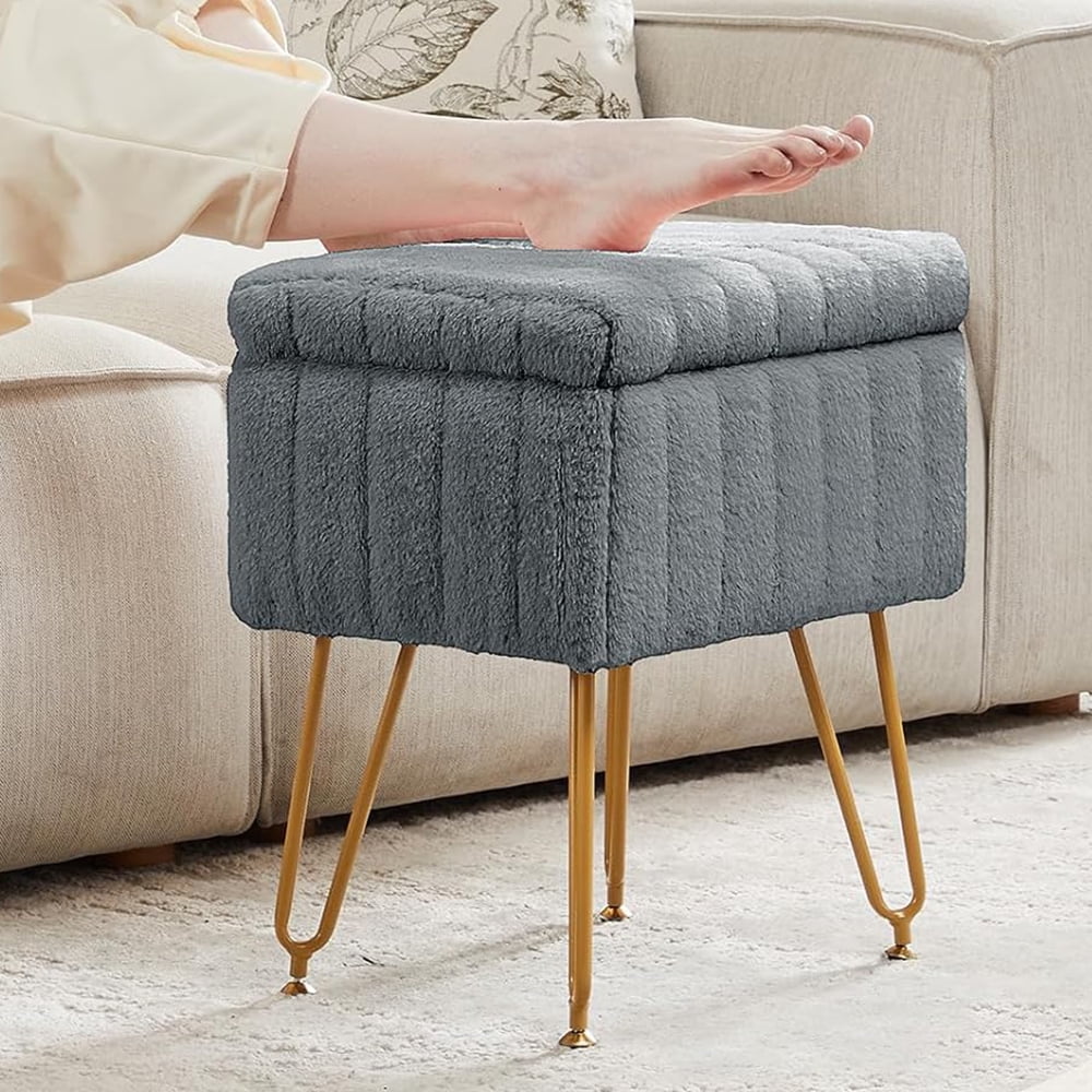 Simenmax Vanity Stool Chair with Storage, Ottoman Faux Fur Soft Padded ...
