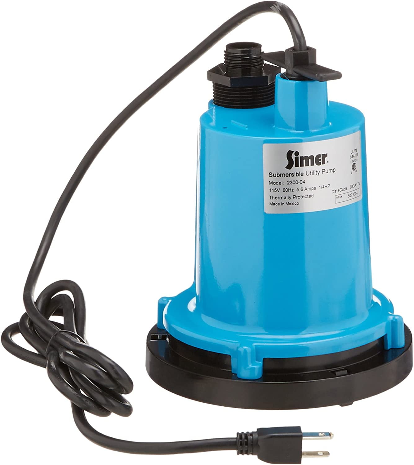 Simer 2300 Submersible Utility Pump, 1320 Max GPH, 1/4 Hp, 115 Vac, 5.6 ...
