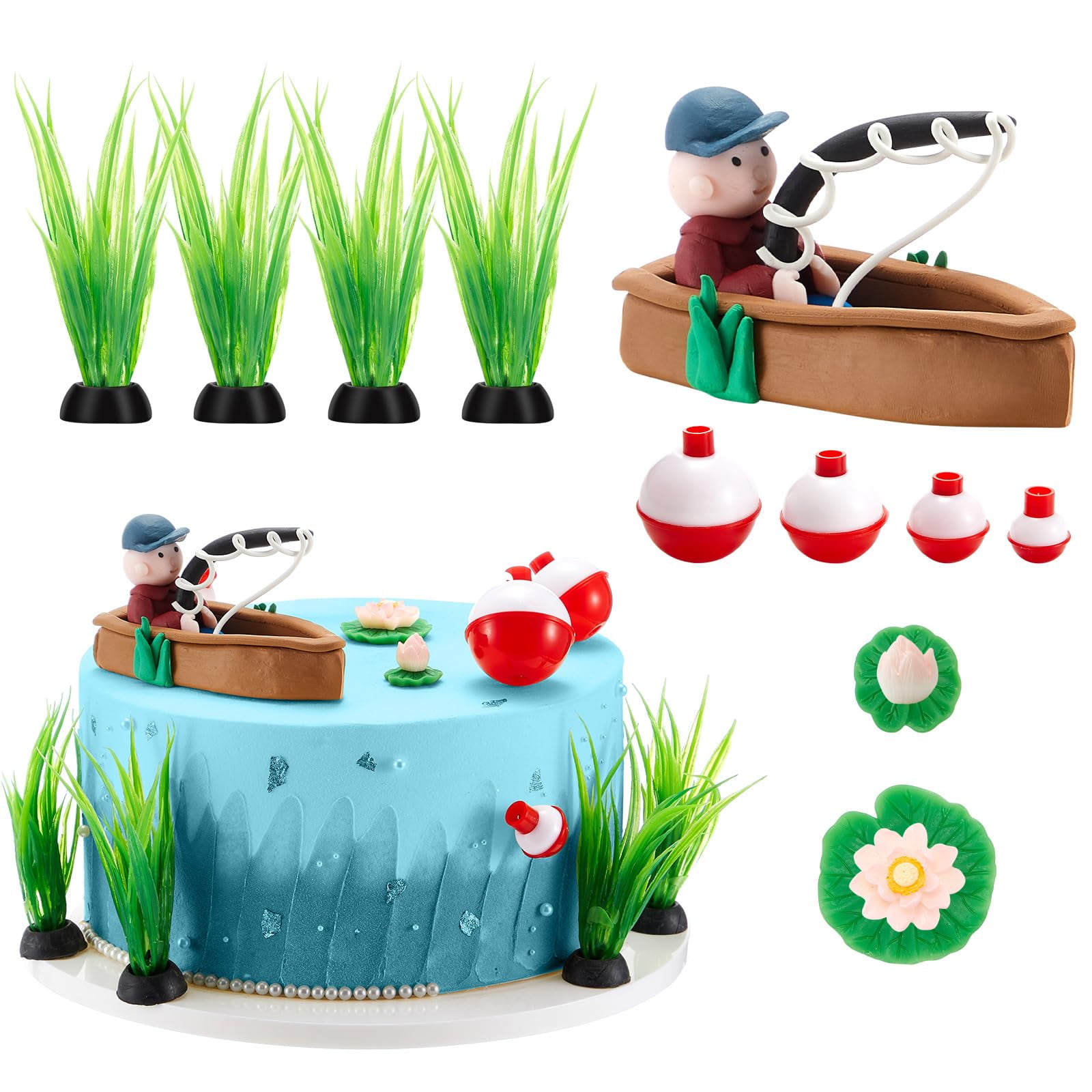 Simgoing 14 Pcs CORNET Fishing Cake Topper Decorations with Fishman Rod ...