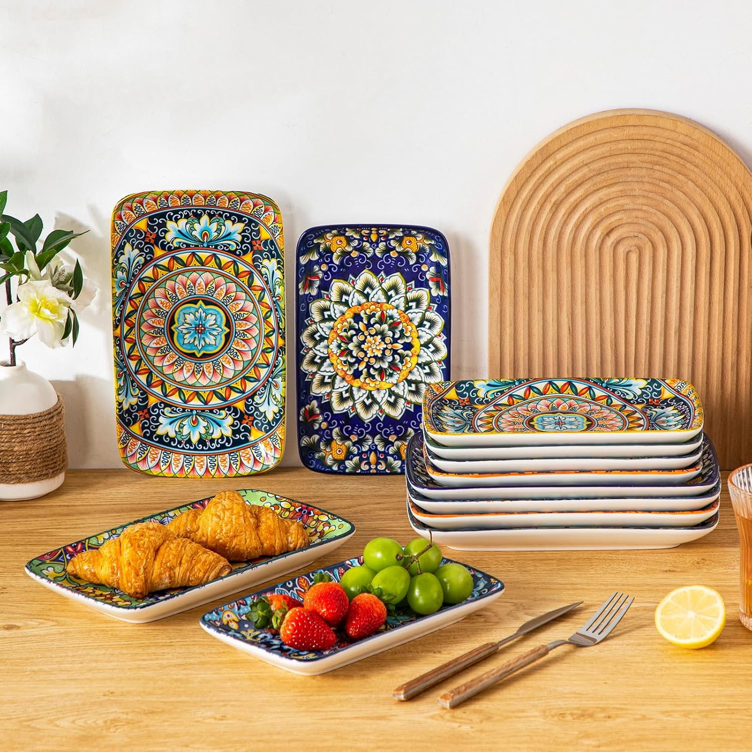 Simi Rectangular Dinner Plates Set of 6 - Bohemian Floral Design in ...