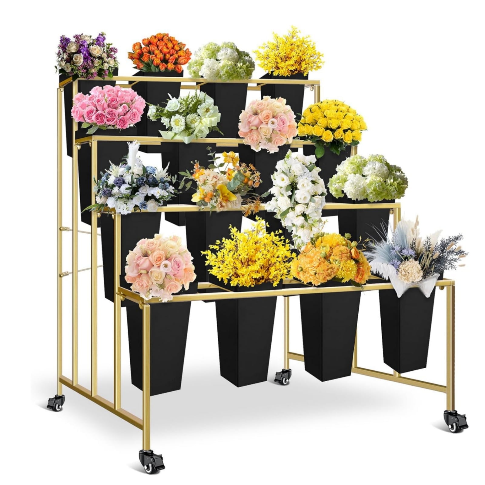 1Pcs Stylish Gold Tiered Flower Display Stand - 4-Tier with 16 Black ...