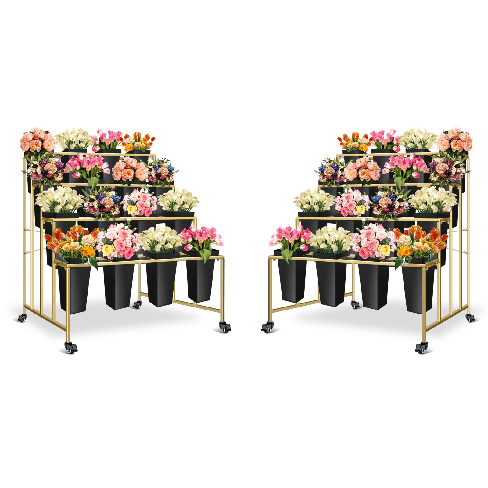 2Pcs Gold Tiered Flower Display Stand - 4-Tier Heavy Duty Cart with 16 ...