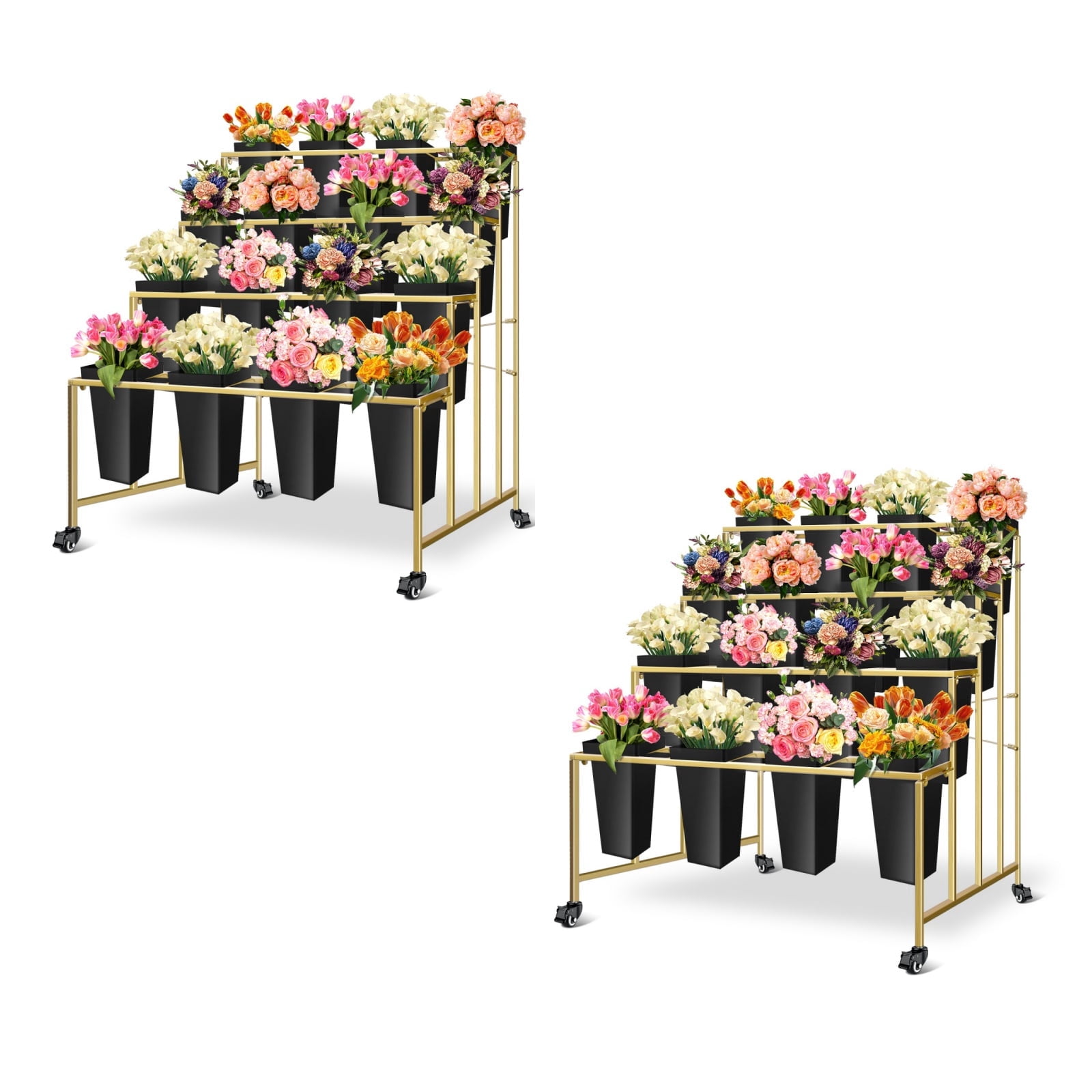 2Pcs Stylish Gold Tiered Flower Display Stand - 4-Tier with 16 Black ...
