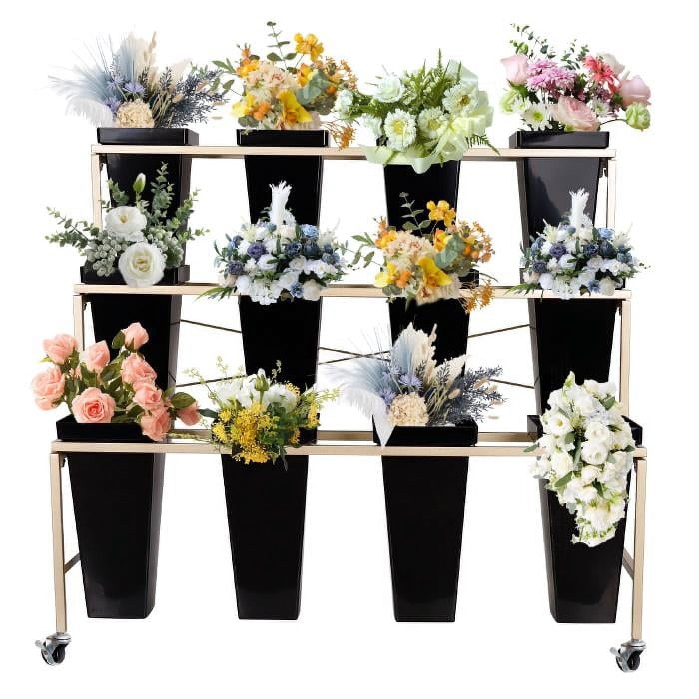 3-Layer Flower Stand with 4 Wheels & 12 Black Square Buckets, Movable ...