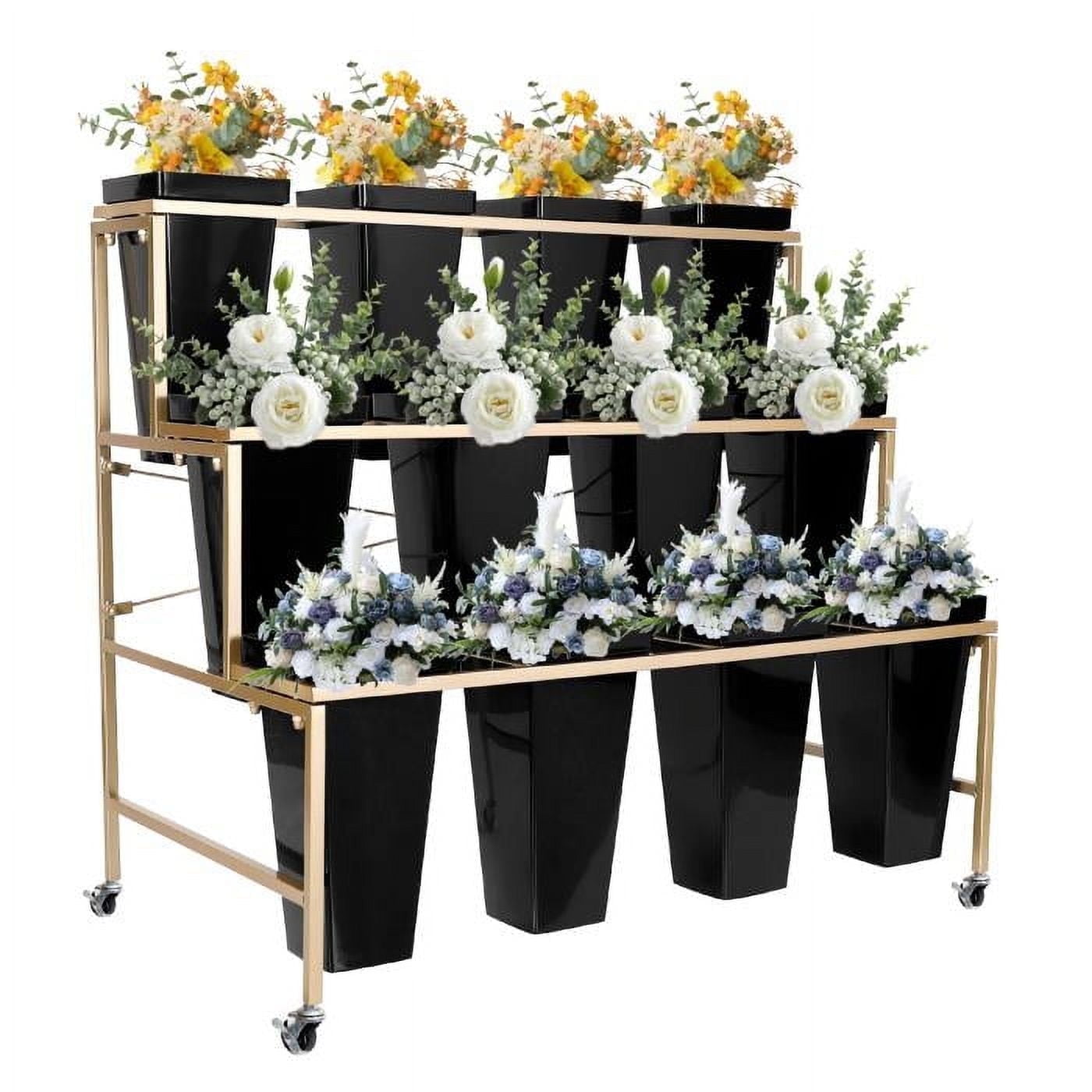 3-Tier Heavy Duty Moving Flower Display Stand with 12 Pcs Black Square ...