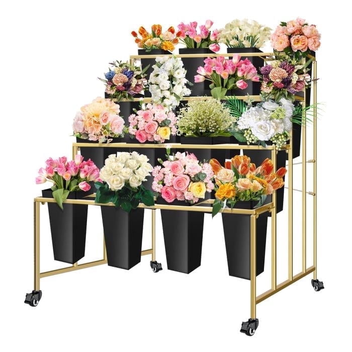 4-Layer Heavy Duty Moving Flower Display Stand with 16 Pcs Black Square ...