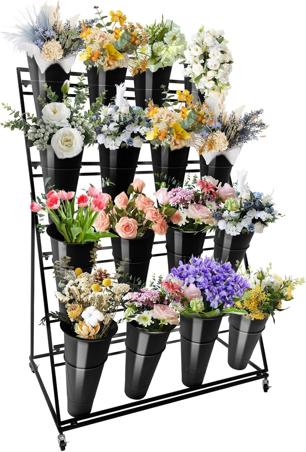 Simin, 4 Tier Flower Display Stand with 16 Round Buckets, Metal Flower ...